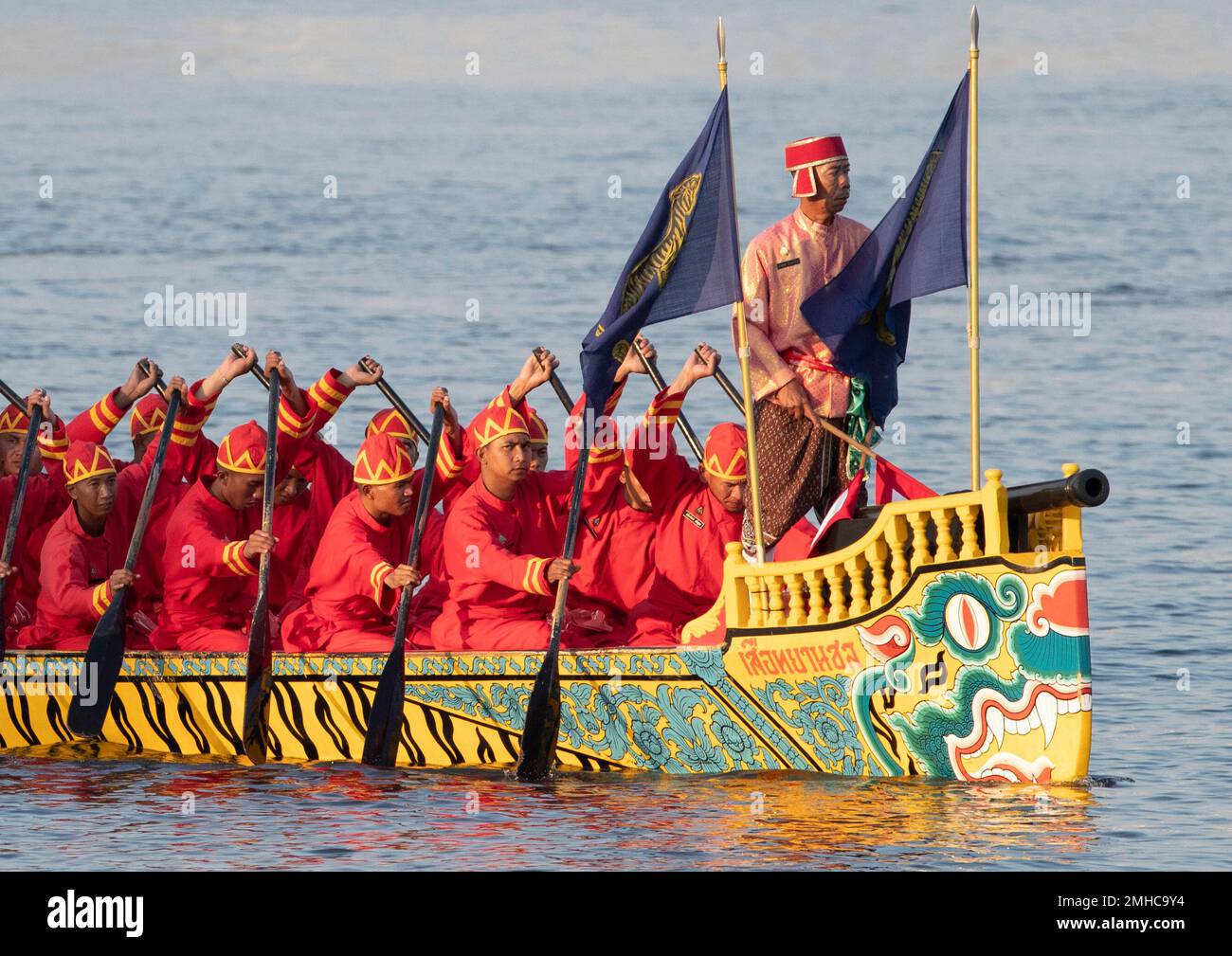 Oarsmen paddle their barge during the Royal Barge Precession on the ...