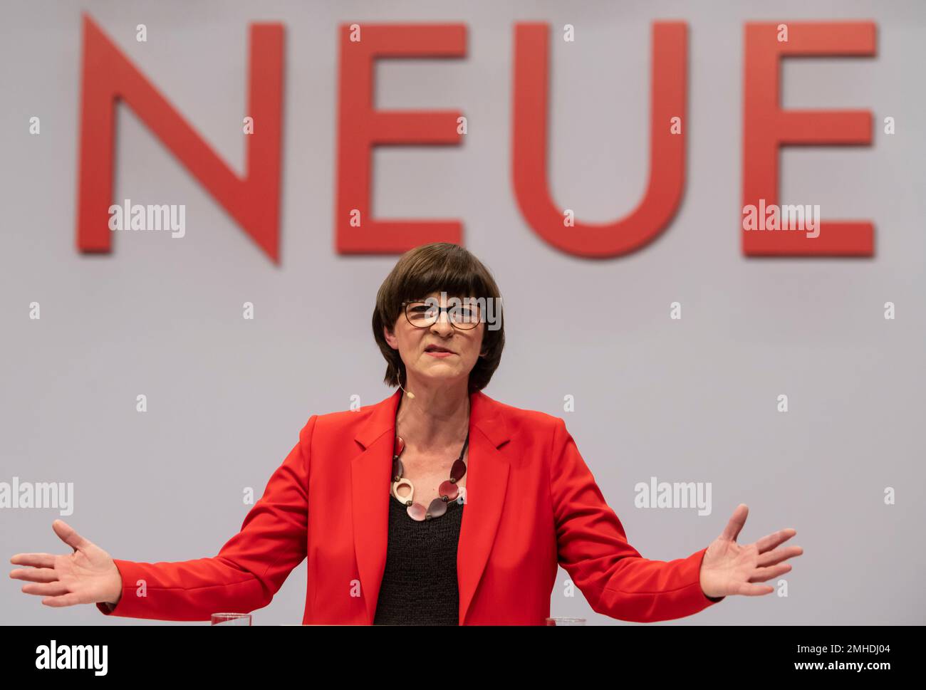 Saskia Esken, one of the designated chairpersons, delivers a speech at ...