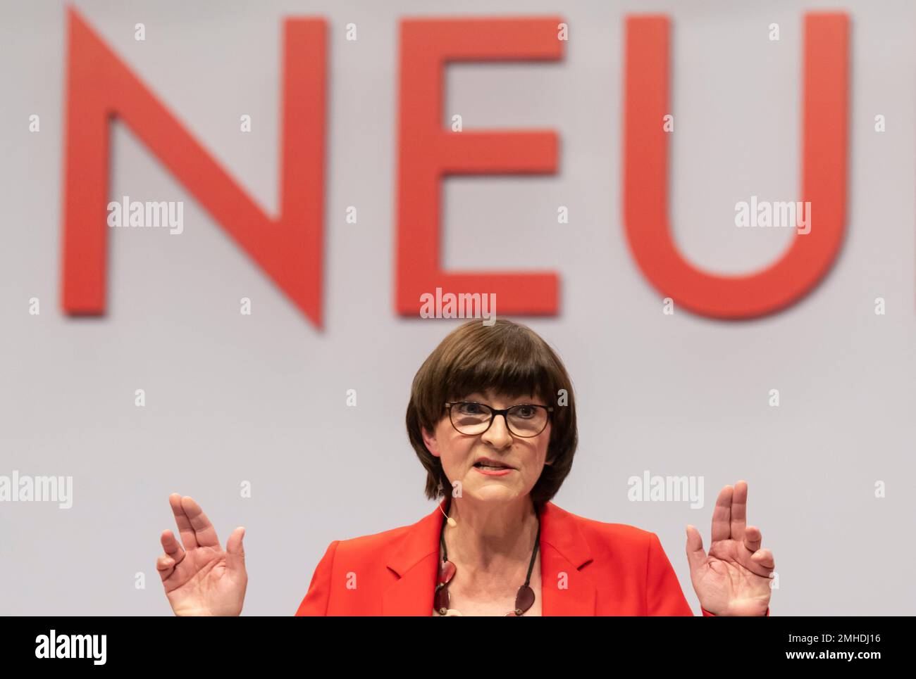 Saskia Esken, one of the designated chairpersons, delivers a speech at ...