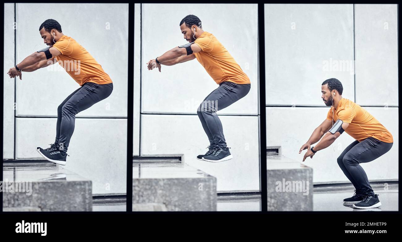 Fitness, Springen und Collage mit einem sportlichen schwarzen Mann in ...