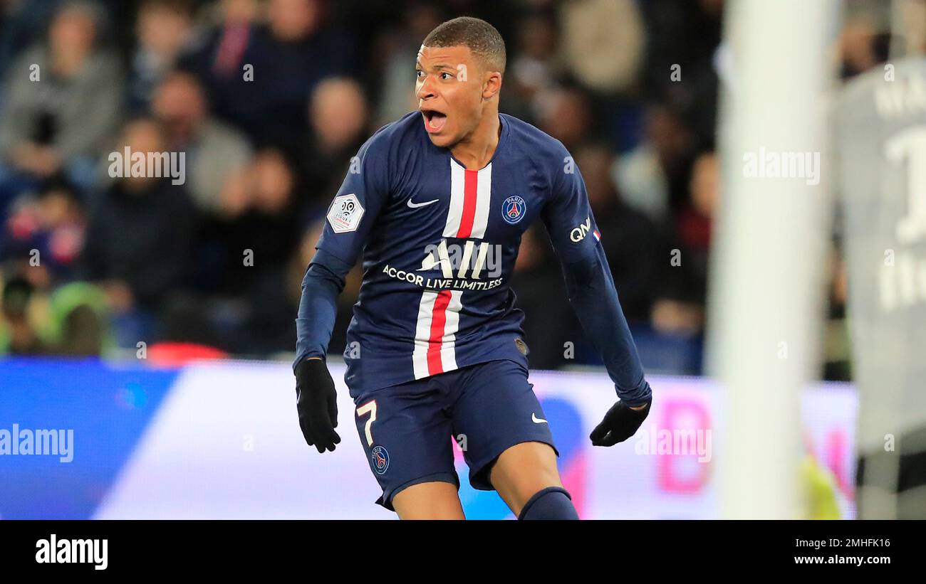 PSG Kylian Mbappe reacts after missing a goal opportunity during a ...