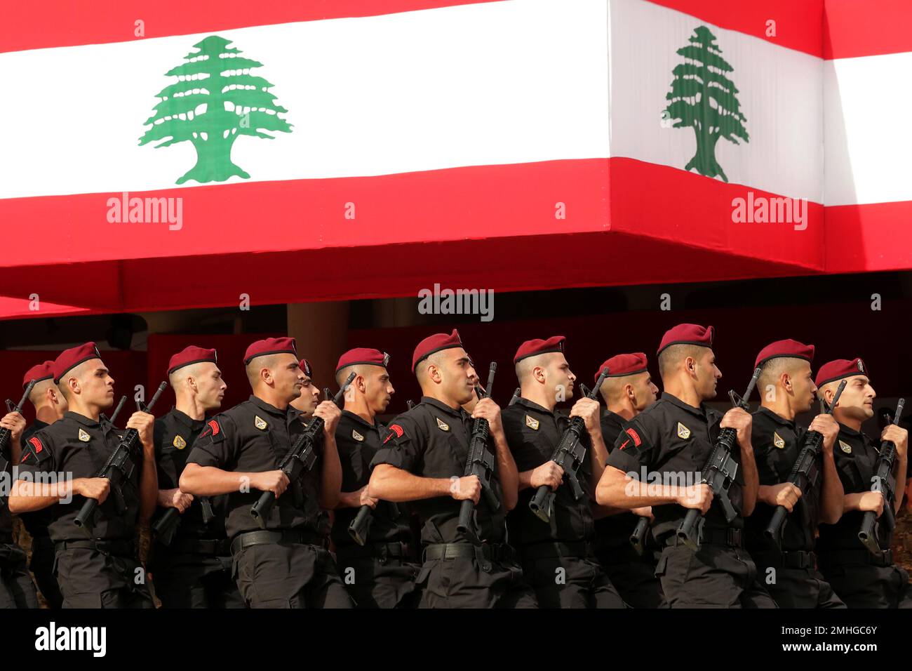 Lebanese marine special forces soldiers march during a military parade ...