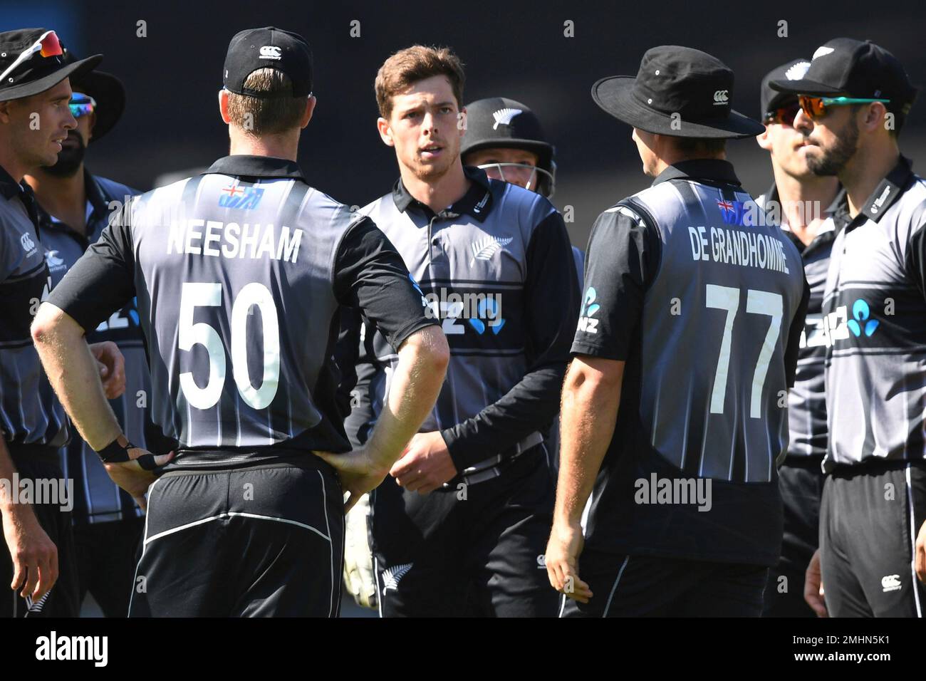 New Zealand's Mitchell Santner, center, after dismissing England's Eion ...