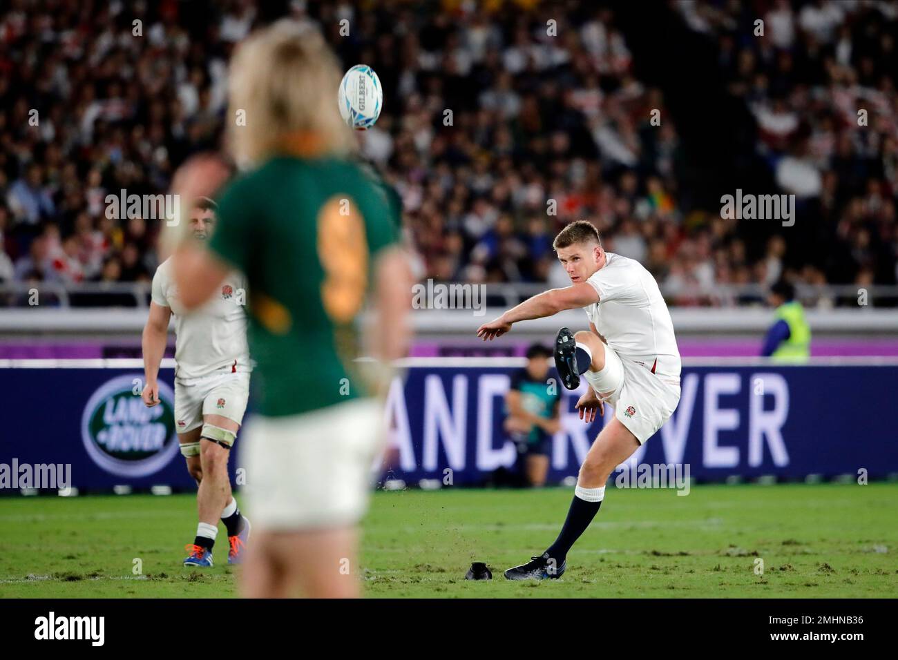 England's Owen Farrell kicks penalty during the Rugby World Cup final at International Yokohama ...
