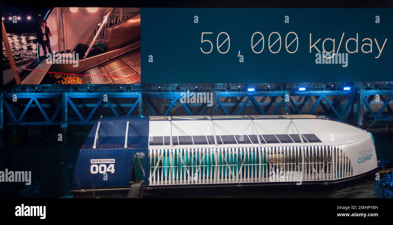 Young Dutch inventor Boyan Slat, on screen left, unveils the ...