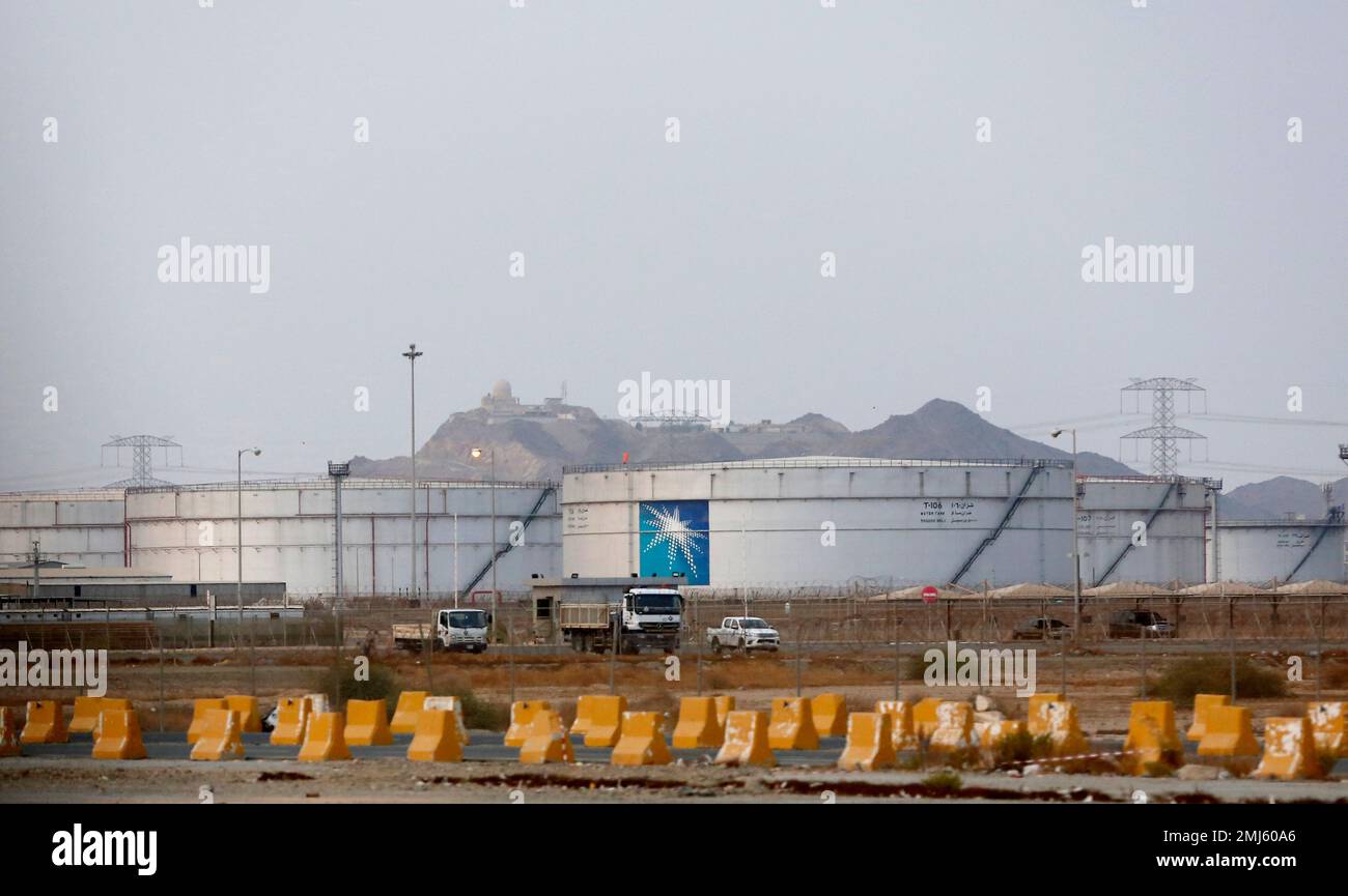 Storage tanks are seen at the North Jiddah bulk plant, an Aramco oil facility, in Jiddah, Saudi ...