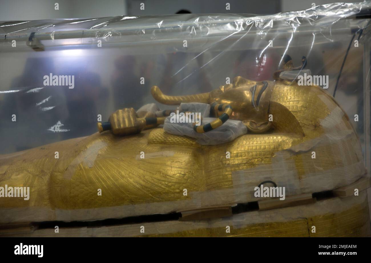 The gold-covered sarcophagus of King Tutankhamun is encased in a tent ...