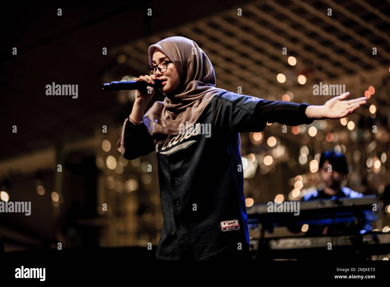 In this June 29, 2019, photo, Malaysian female rapper Bunga performs at ...