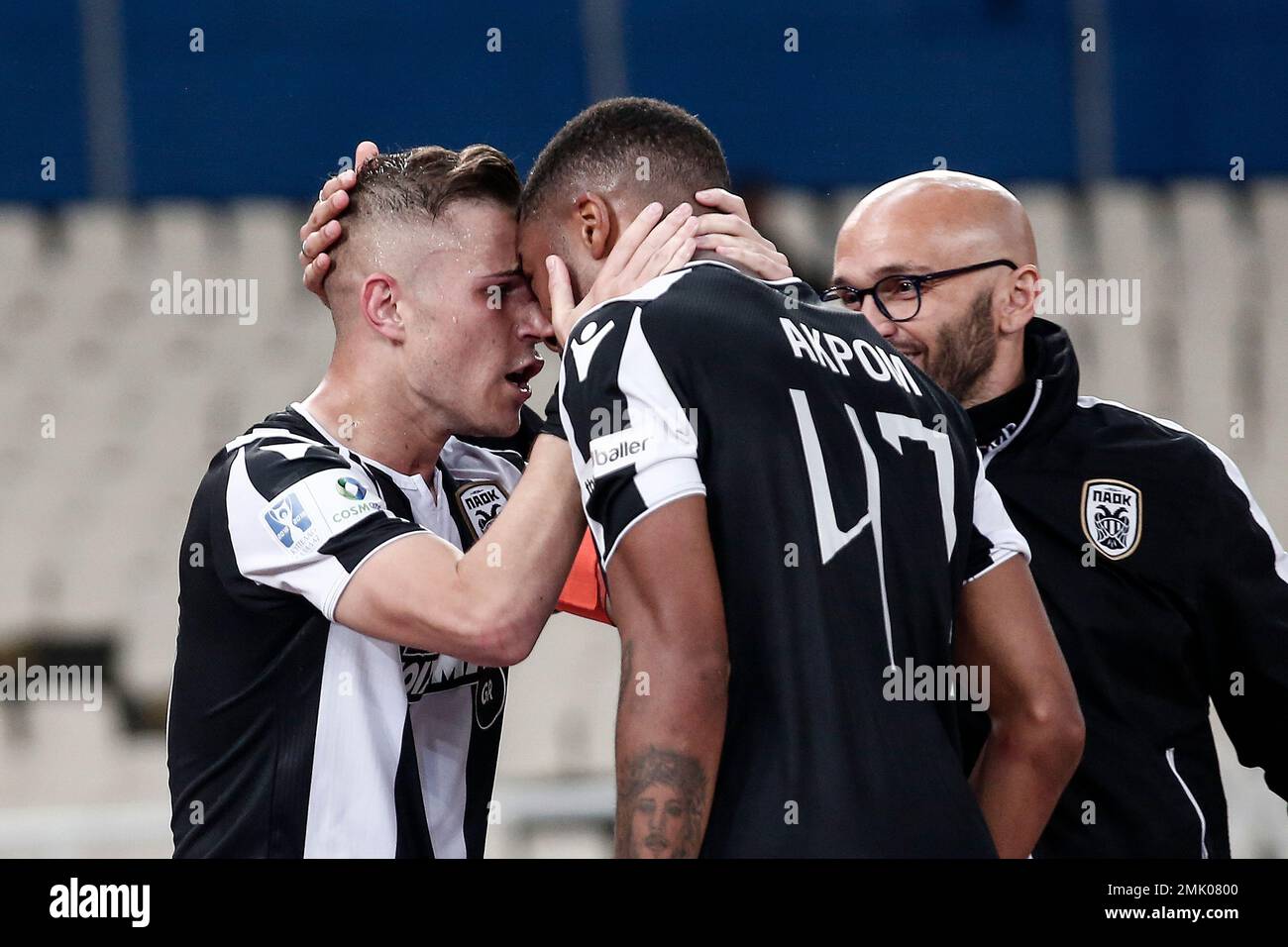 PAOK's Dimitris Pelkas, left, and teammate Chuba Akpom celebrate after ...