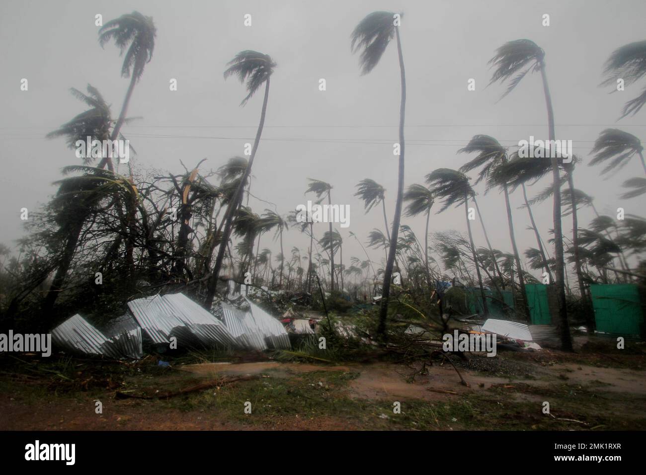Damaged structures and tress are seen amid gusty winds in Puri district ...