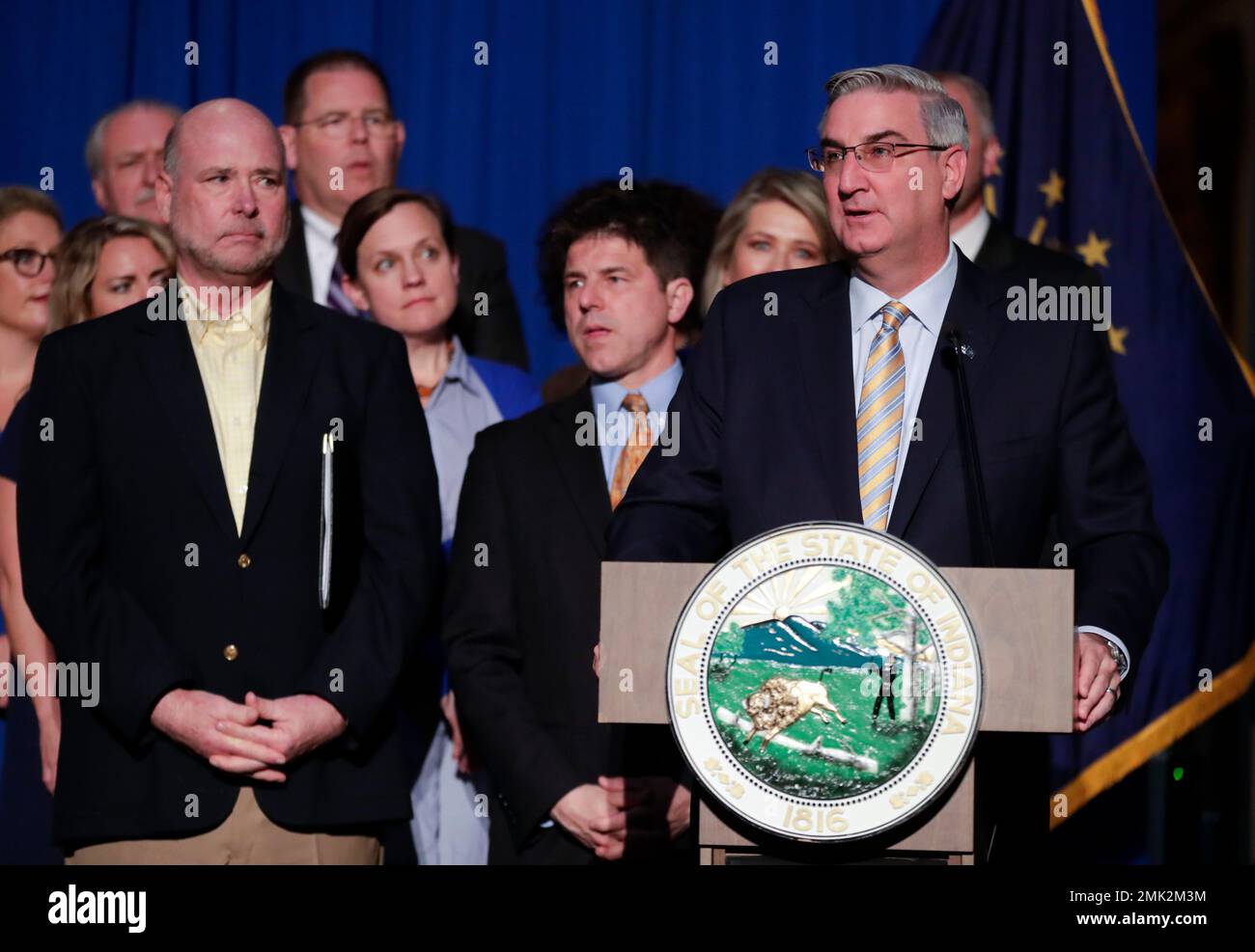 Indiana Gov. Eric Holcomb, right, along with Sen. President Pro Tem ...