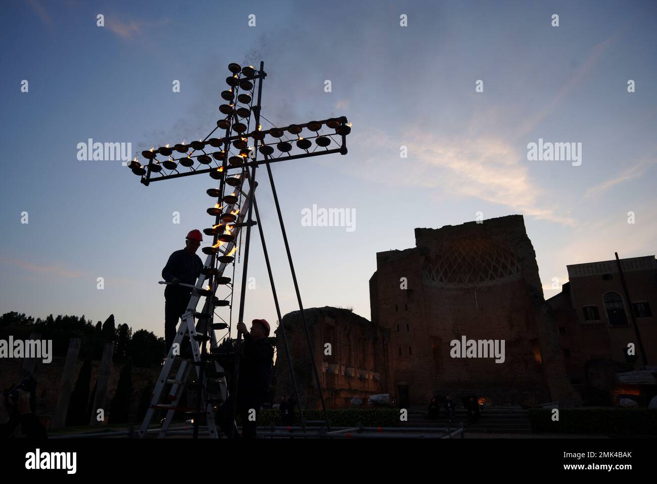 A view of the cross, lit ahead of Pope Francis arrival for the Via ...
