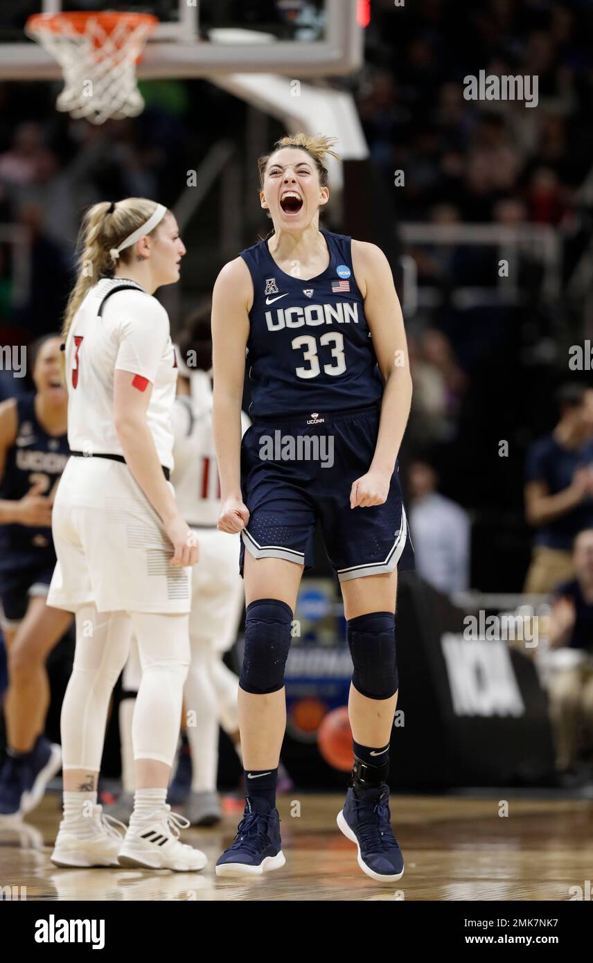Connecticut guard Katie Lou Samuelson (33) reacts after hitting a three ...