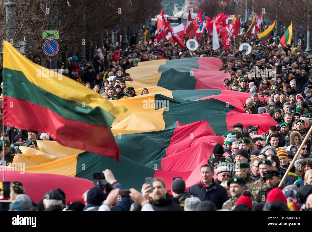 People carry a giant Lithuanian flag during a celebration of Lithuania ...