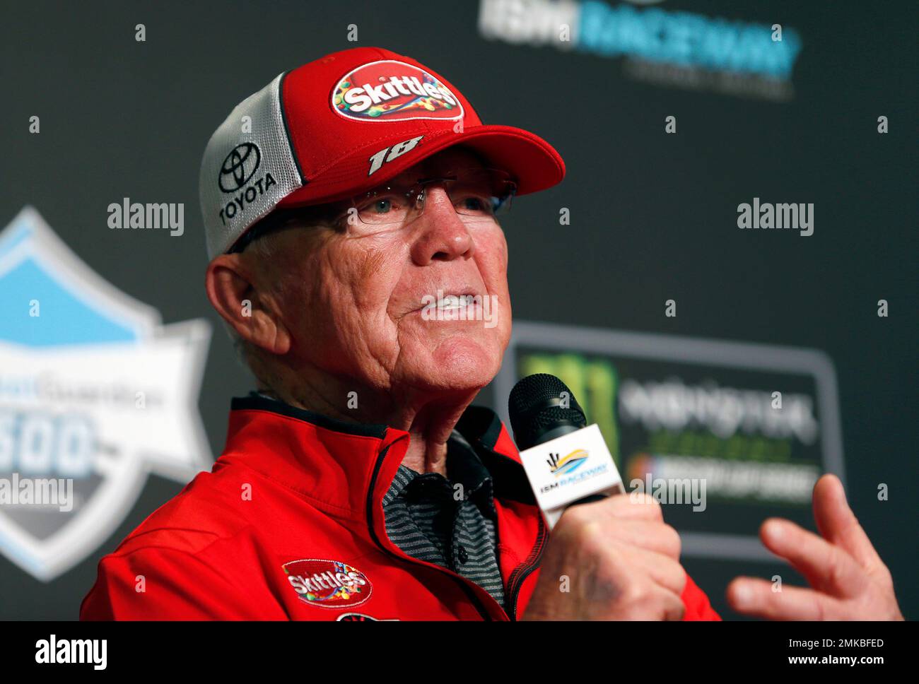 Team owner Joe Gibbs answers questions after driver Kyle Busch wins the ...