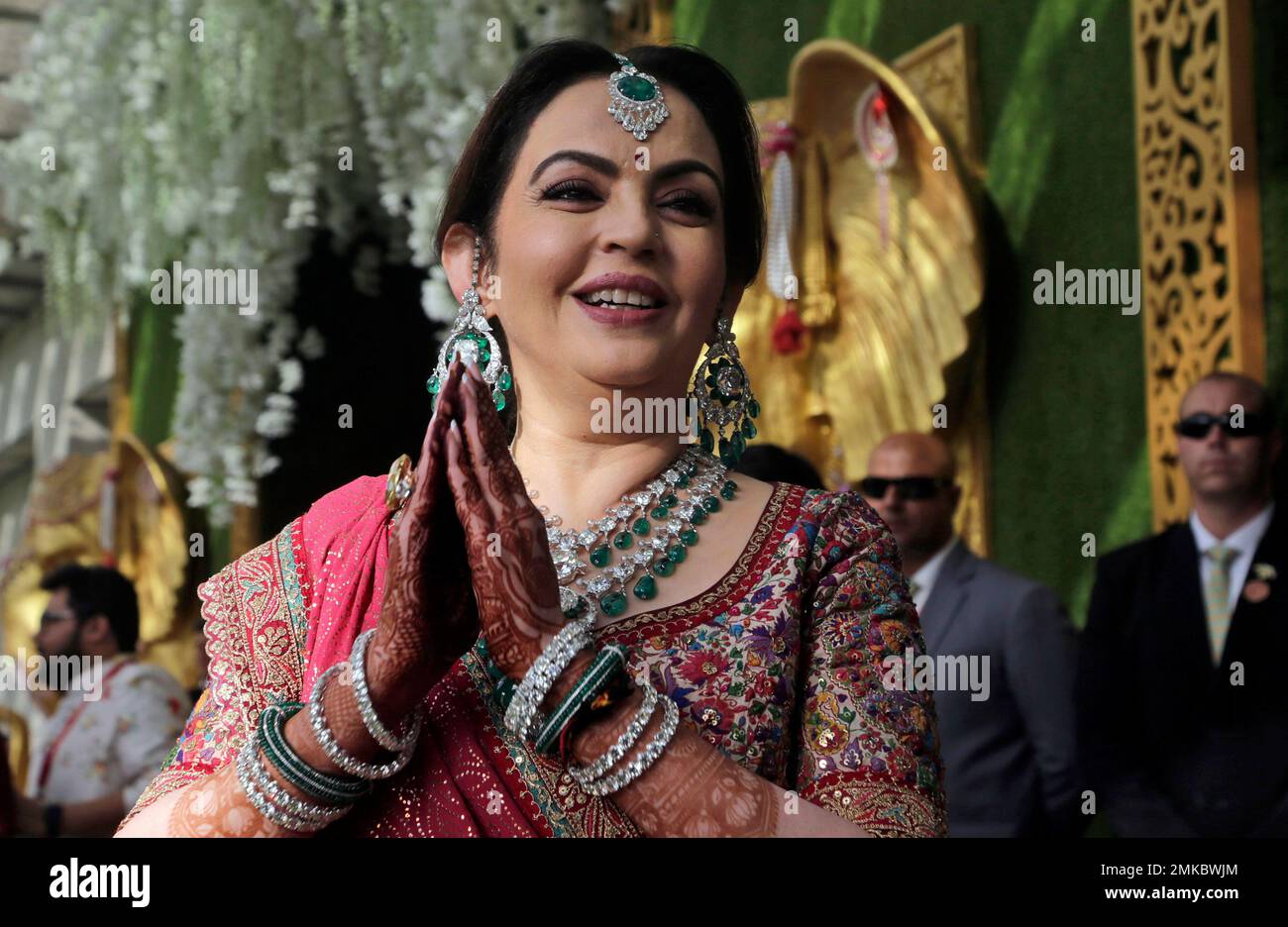 Nita Ambani, wife of Reliance Industries Chairman Mukesh Ambani, greets guests during the ...
