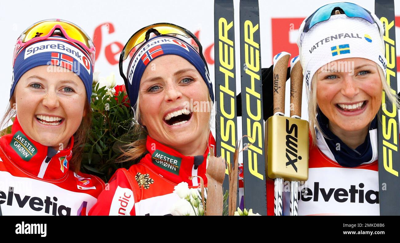 Norway's Therese Johaug, center, winner of the cross-country women's ...