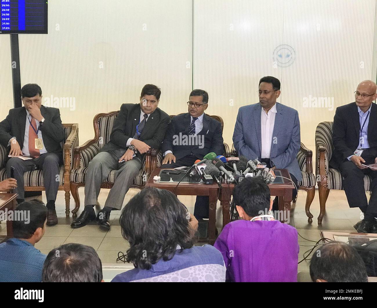 Bangladesh civil aviation minister Mahbub Ali, center, addresses a news ...
