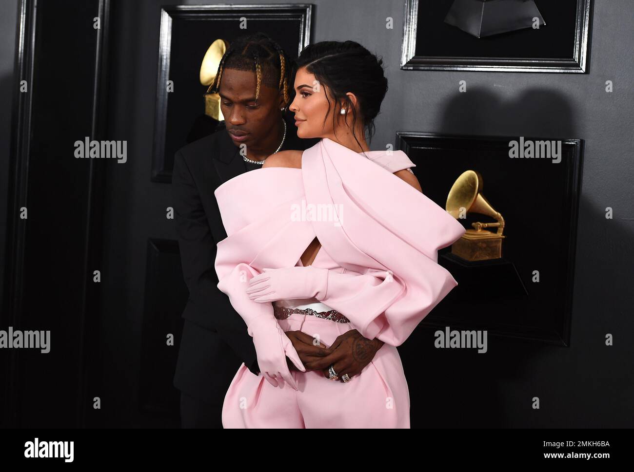 Travis Scott, left, and Kylie Jenner arrive at the 61st annual Grammy ...