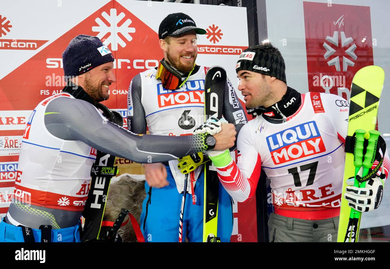 From left, runner-up Norway's Aksel Lund Svindal, the winner Norway's ...