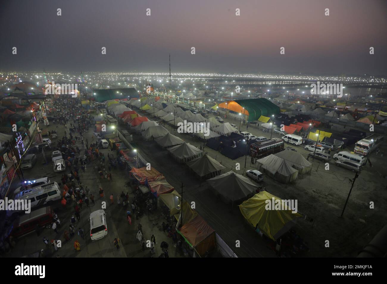 An aerial view of tents at Sangam, the confluence of rivers Ganges ...