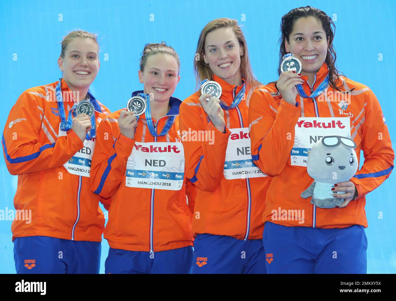 Silver medalists, Netherlands team from left, Valerie Van Roon, Kim Busch, Femke Heemskerk and ...