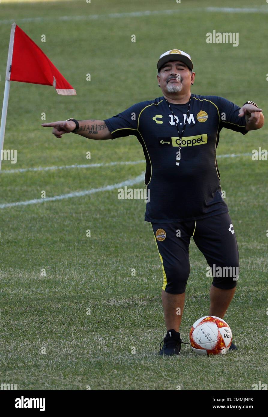 Former soccer great Diego Maradona dances on the pitch at the Dorados ...