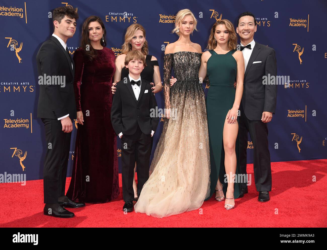 Emery Kelly, from left, Tiffani Thiessen, Finn Carr, Jolie Jenkins ...