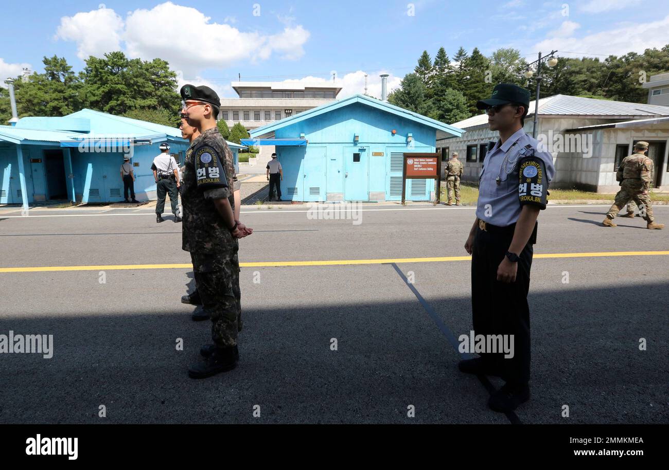South Korean army soldiers stand guard at the border village of ...