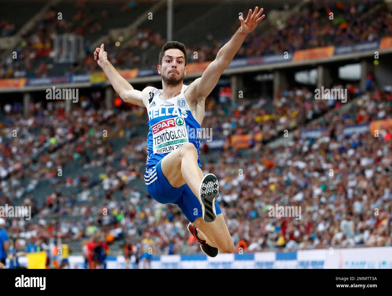 Greece's Miltiadis Tentoglou makes an attempt in the men's long jump ... Greece's Miltiadis Tentoglou makes an attempt in the men's long jump ...