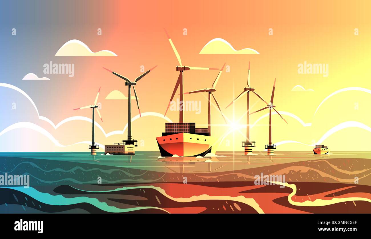 Offshore-Windpark mit Turbinen und Schiff auf See oder Ozean ...