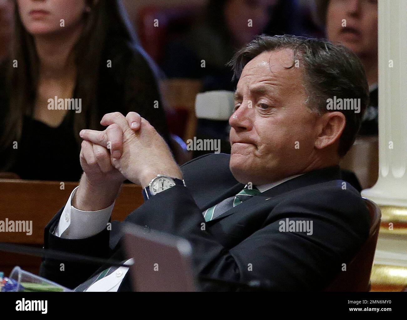 State Sen. Josh Newman, D-Fullerton, sits at his desk, after addressing ...