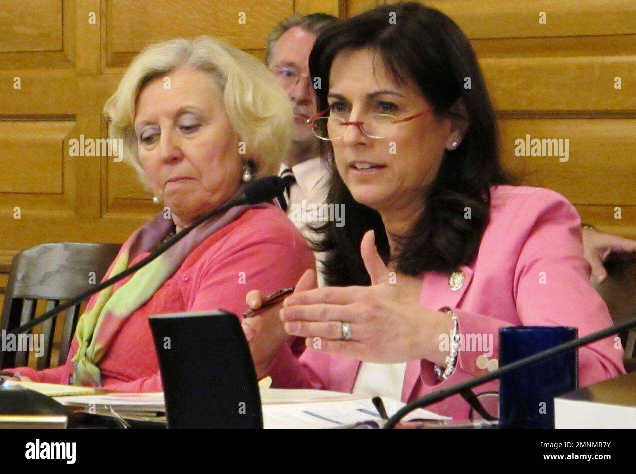 Kansas state Rep. Melissa Rooker, right, R-Fairway, asks questions ...