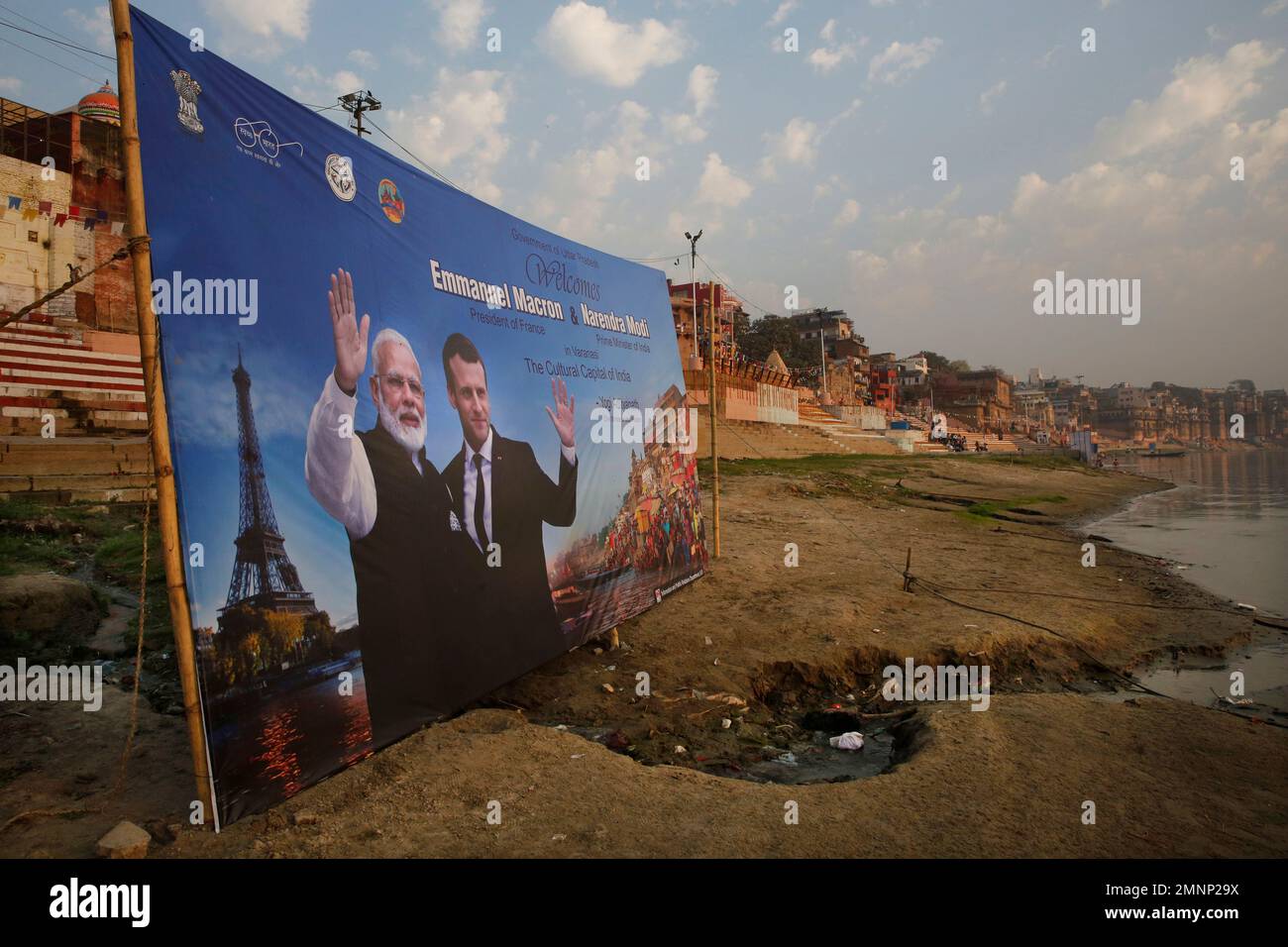 A huge banner welcoming the French President Emmanuel Macron and Indian ...