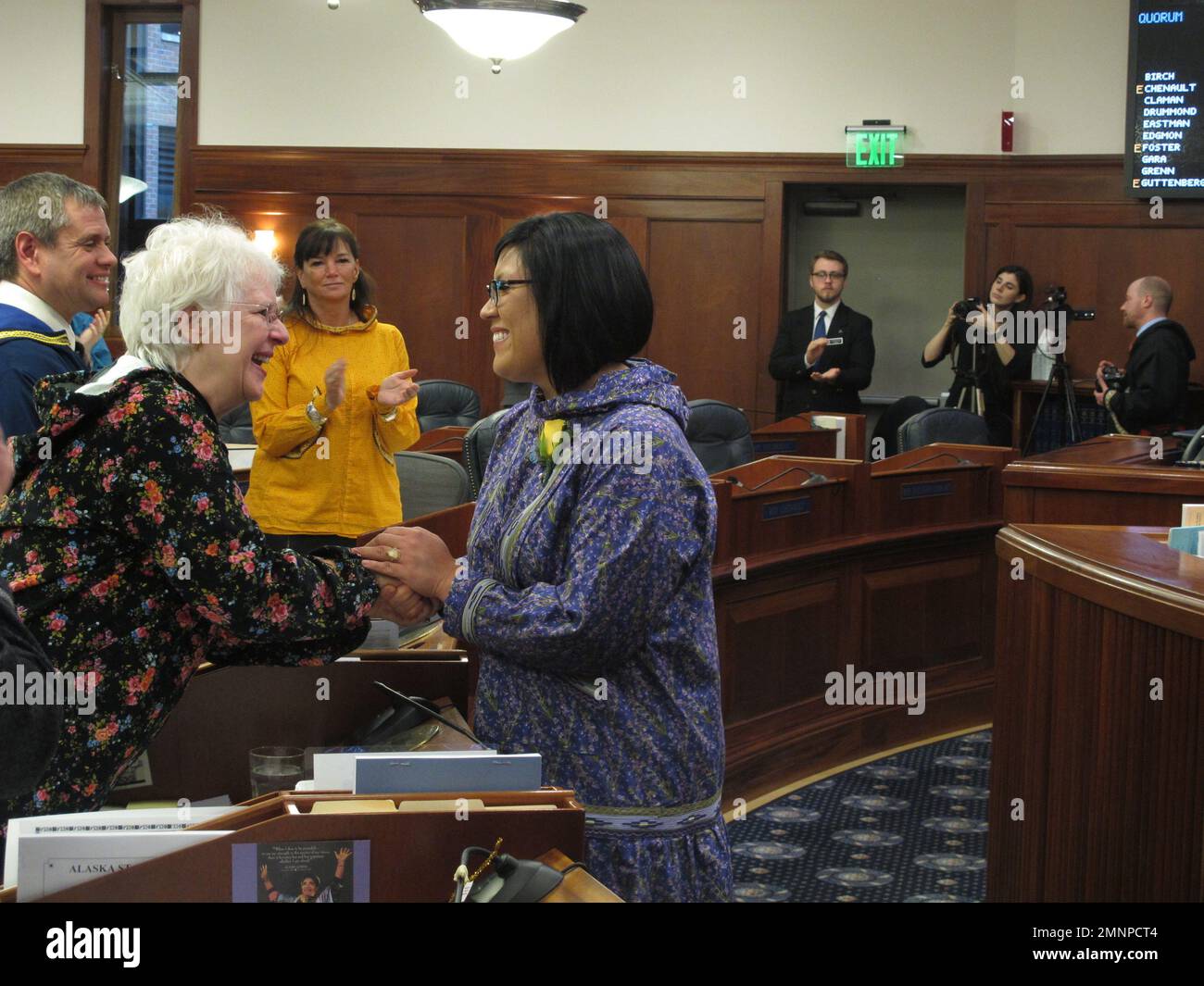 Alaska state Rep. Tiffany Zulkosky, right, is congratulated by Rep ...