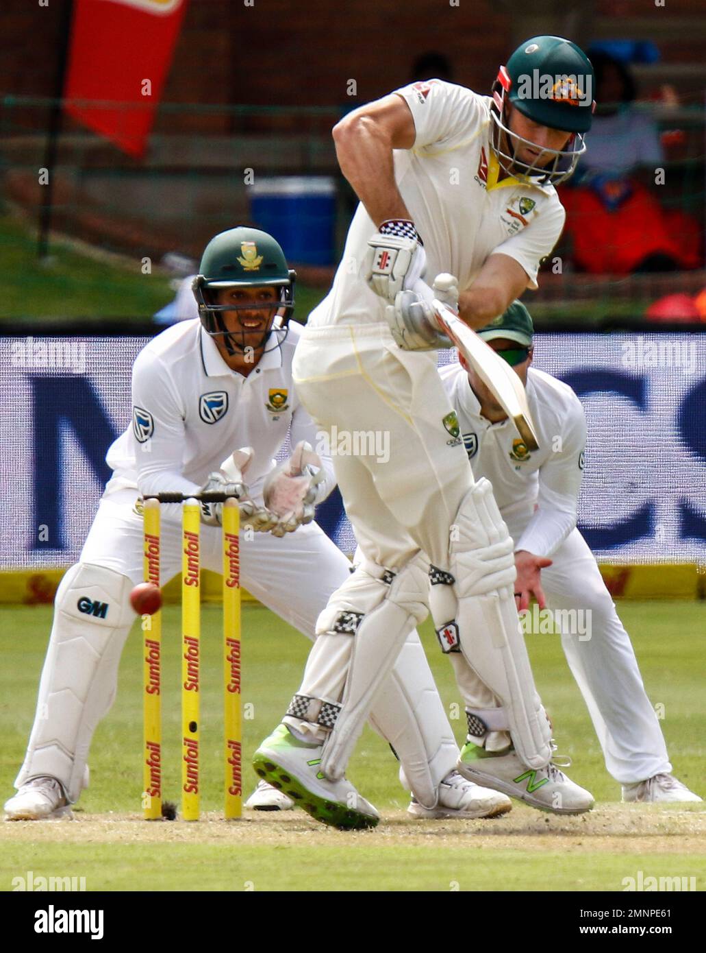 Australia's batsman Shaun Marsh, plays a side shot as South Africa's ...