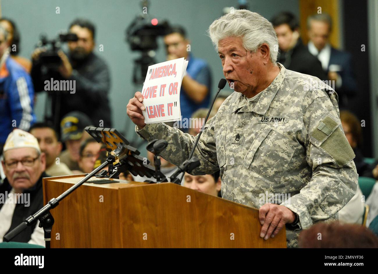 U.S. Army veteran Raul Rodriguez Jr. of Apple Valley, Calif., addresses ...