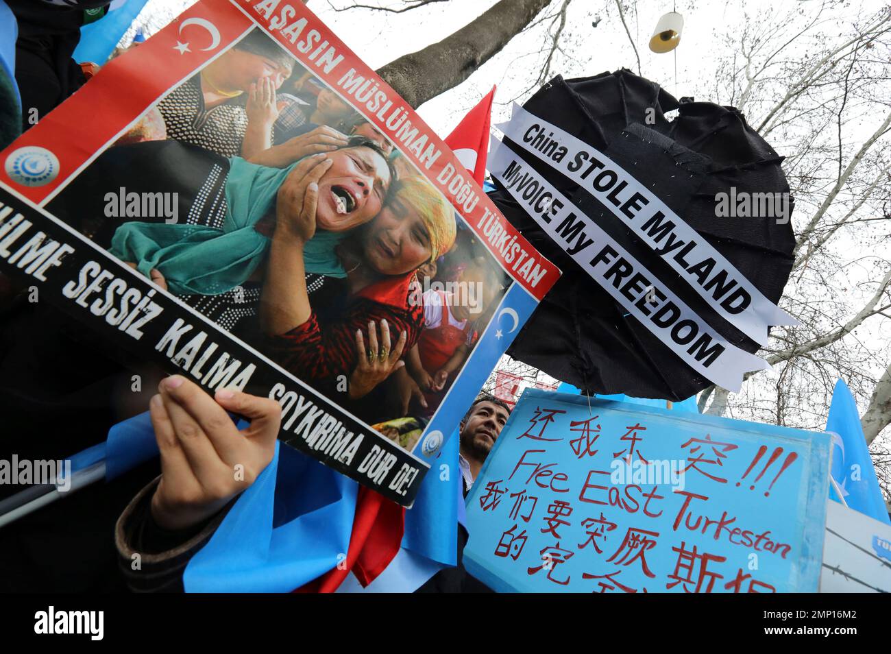 Several hundred Uighurs living in Turkey carrying Turkish and flags of ...