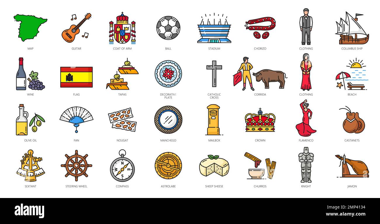 Spanien umgibt Symbole, Reisen und spanische Kultur, Wahrzeichen ...