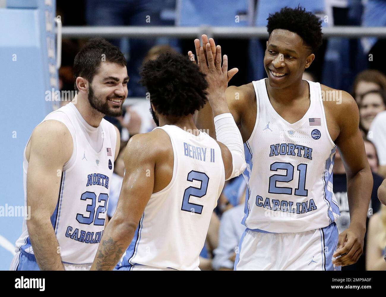 North Carolina's Joel Berry II (2) and Luke Maye (32) congratulate ...