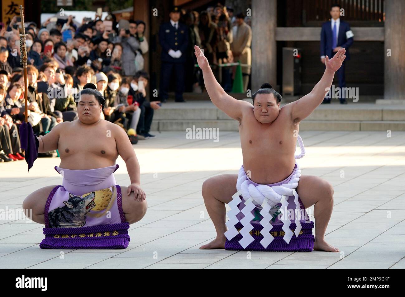 Sumo grand champion Hakuho of Mongolia performs his ring entry form ...