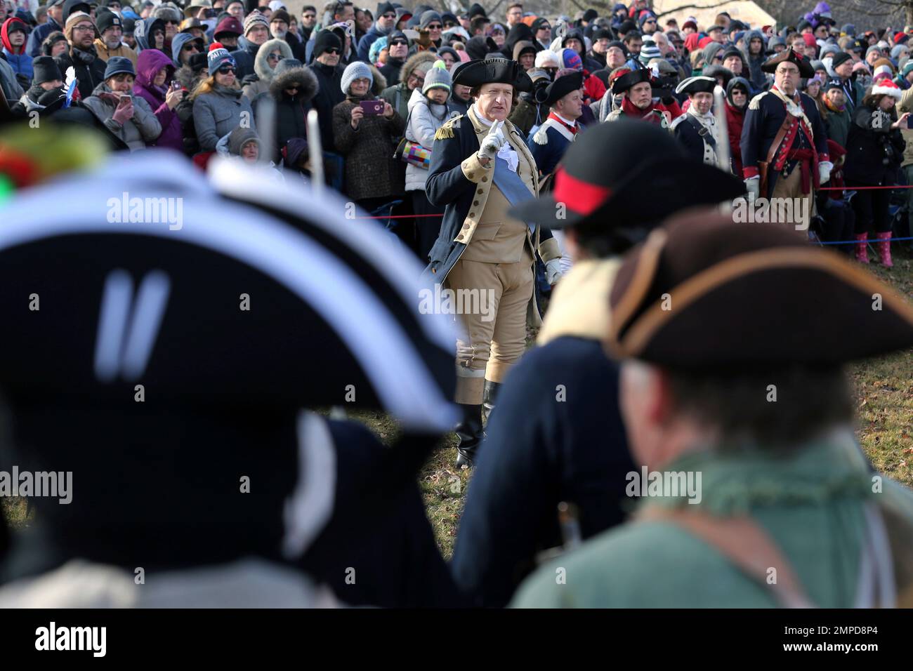 John Godzieba, as Gen. George Washington, center, addresses his troops ...