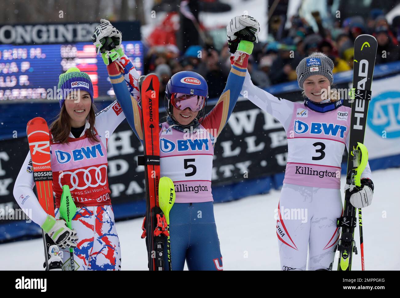 First place finisher, Mikaela Shiffrin, of the United States, center ...