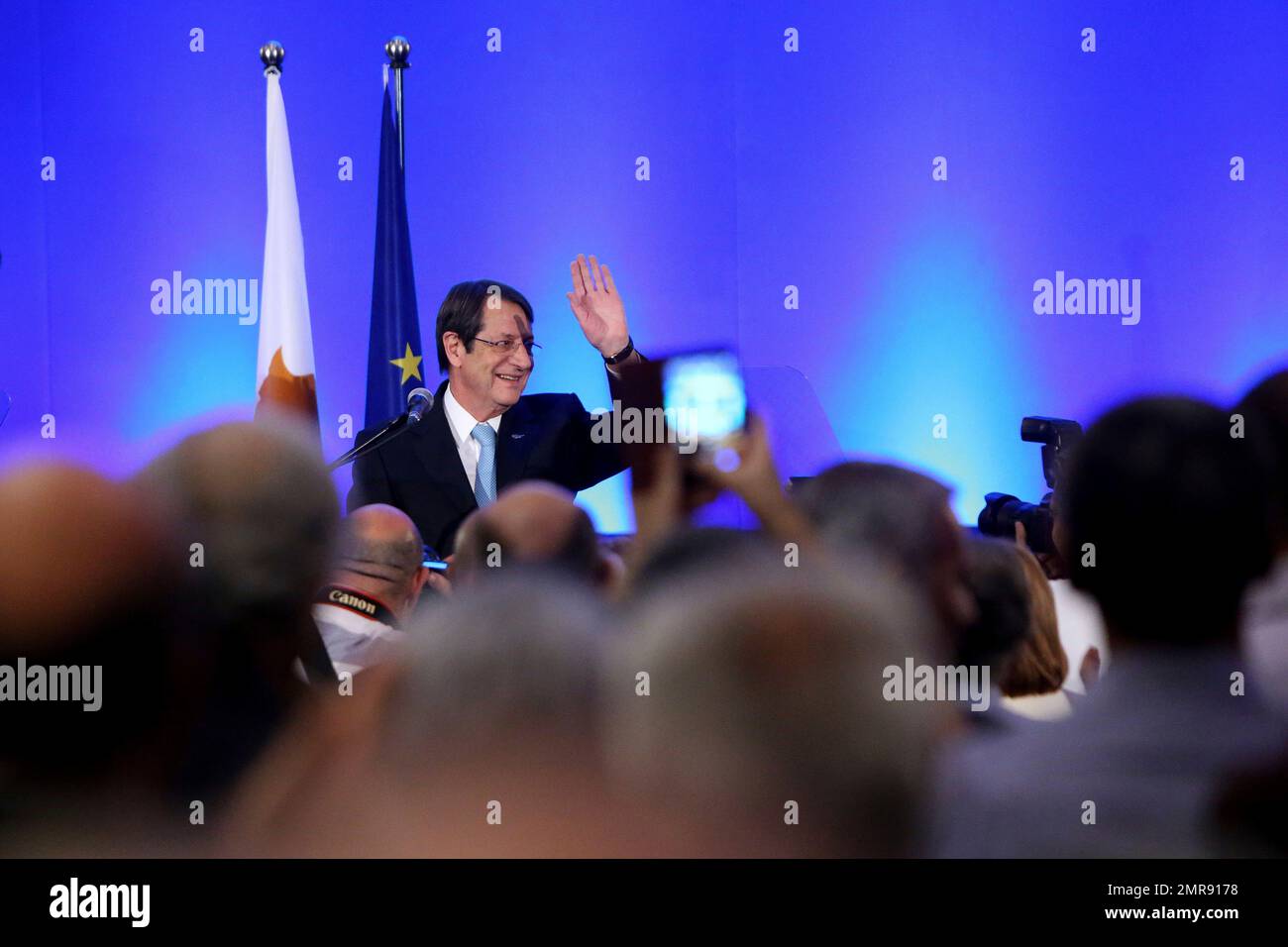 Cyprus' President Nicos Anastasiades waves during a gathering for ...
