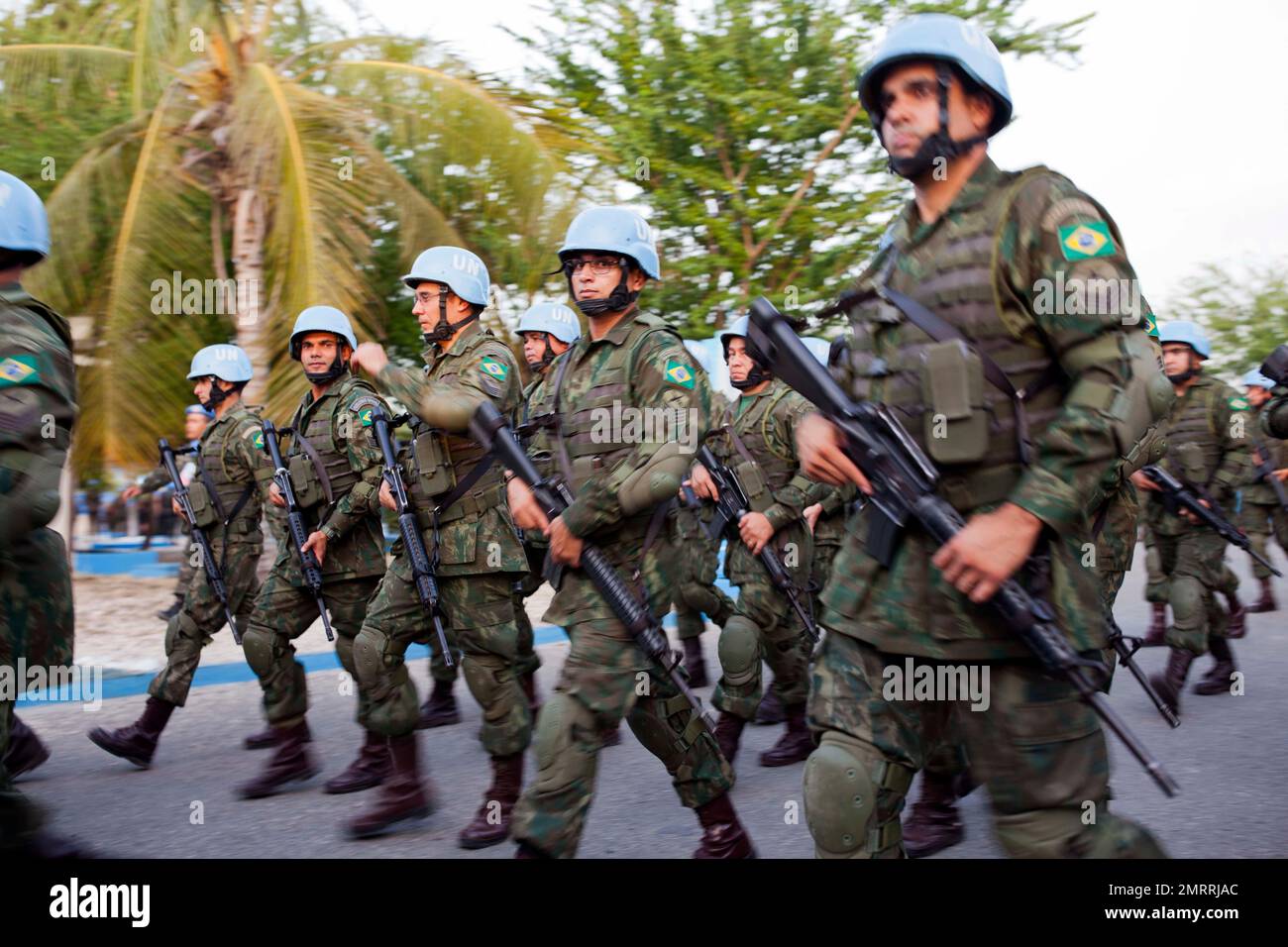 United Nations peacekeepers from Brazil parade during the end of ...