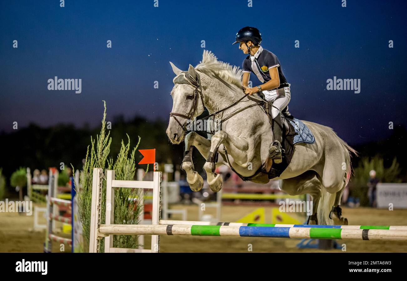Pferdesprung, Ein junger Jockey auf ihrem Pferd, der über eine Hürde ...