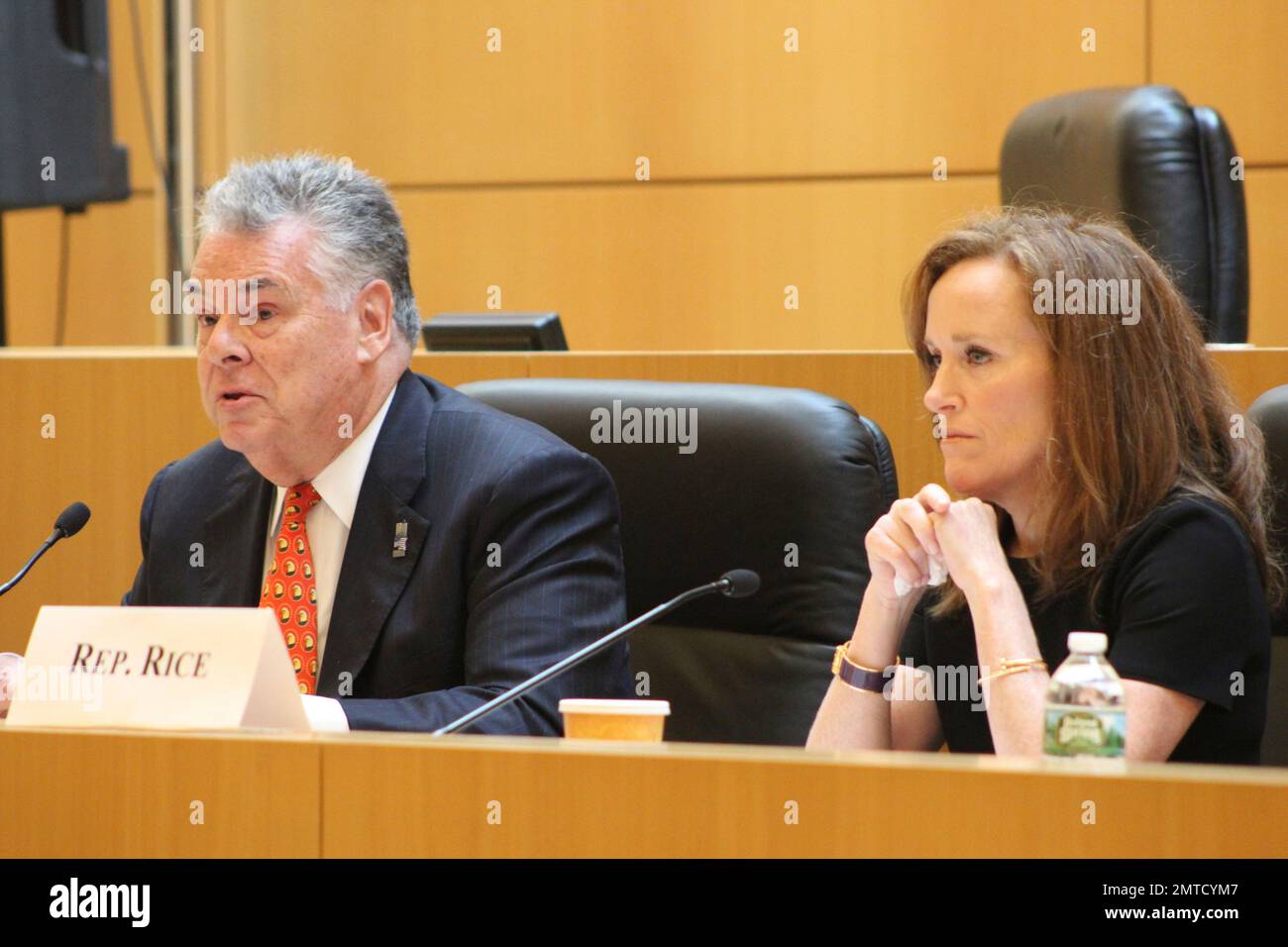 Rep. Peter King, left, and Rep. Kathleen Rice, listen to testimony of ...