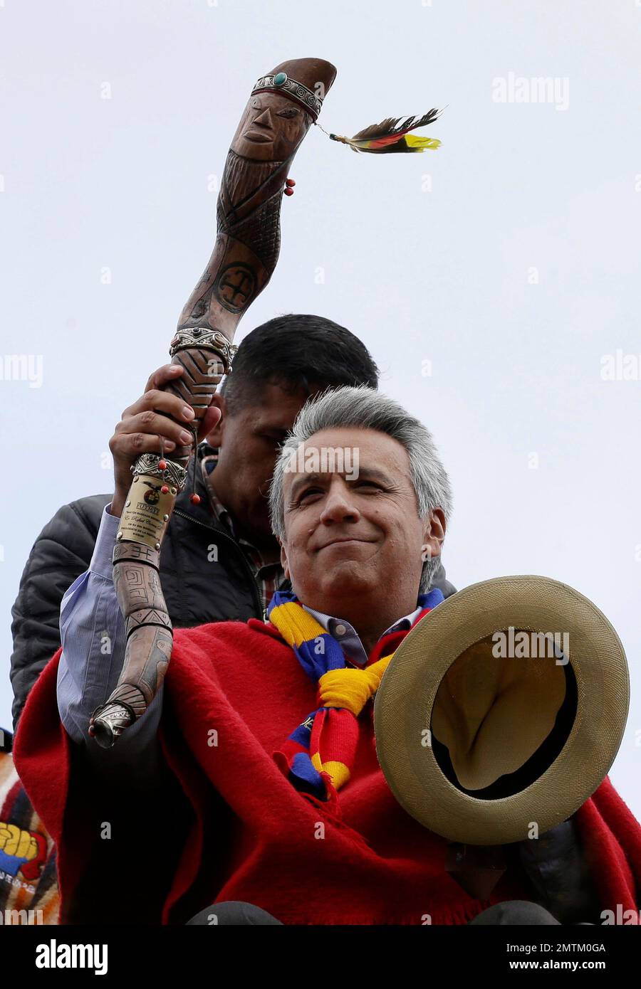 Ecuador's newly sworn-in President Lenin Moreno holds a ceremonial ...