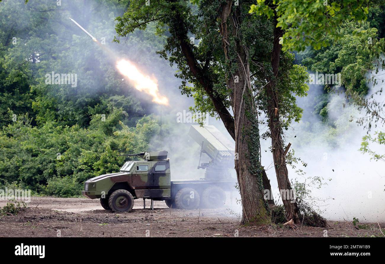 A Serbian army rocket launcher system fires missile during exercise at ...
