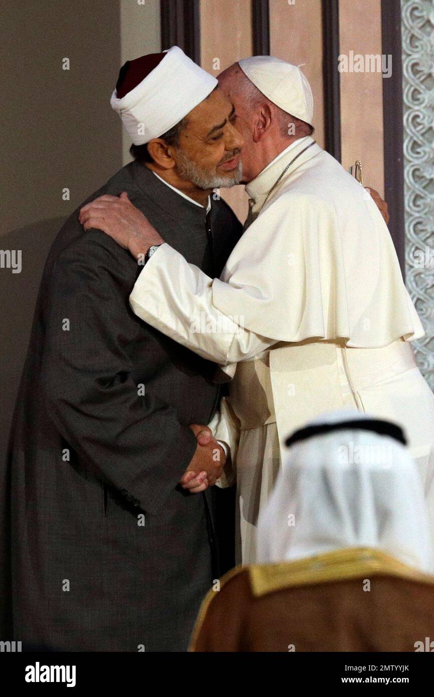 Pope Francis hugs Sheikh Ahmed el-Tayeb, Al-Azhar's grand imam, left, in Cairo Egypt, Friday ...